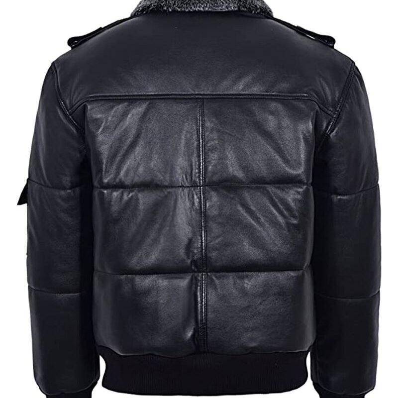 Black Puffer Shearling Flight Bomber Jacket - Forces Jackets