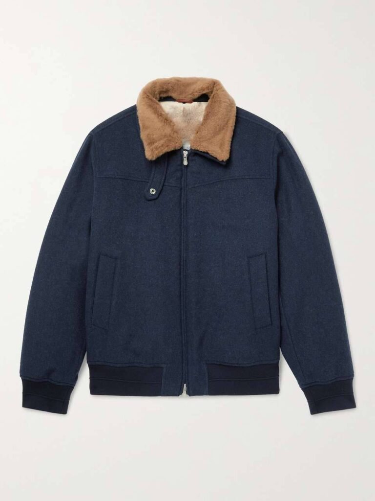 Shearling-Trimmed Navy Wool Bomber Jacket - Forces Jackets