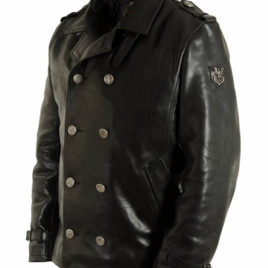 Black Leather Pea Coat - Forces Jackets